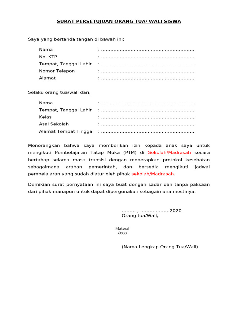 Surat Persetujuan Orang Tua Siswa | PDF | Karier & Perkembangan