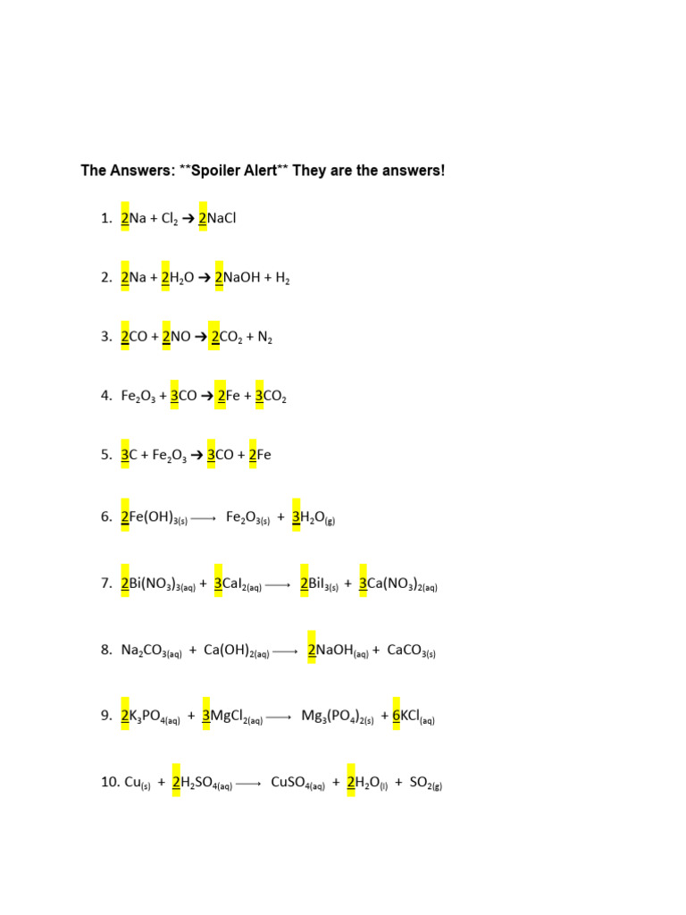 Balancing Chemical Equations Practice Problems and Answers. | PDF ...