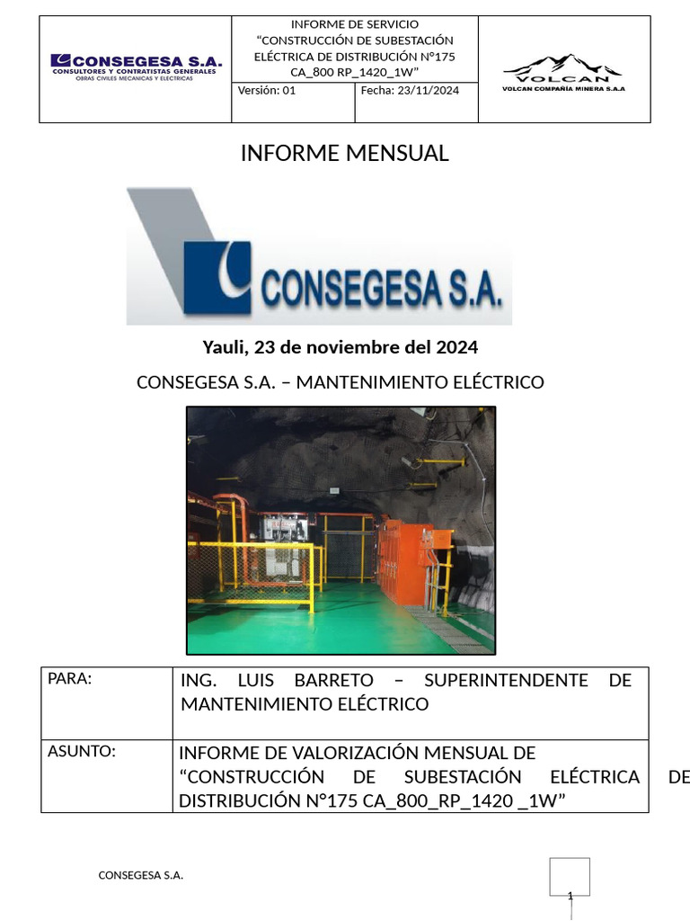INFORME I Mensual SS - EE N°175 NV 1420 CA800 RP - 1420 1W PDF | PDF | Ingeniería