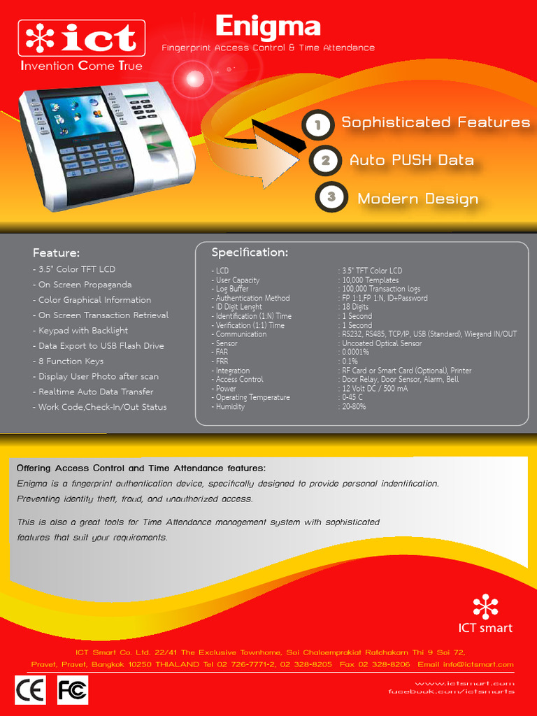 ICT Enigma Finger Scan Access Control Time Attendance en | PDF | Access Control | Authentication