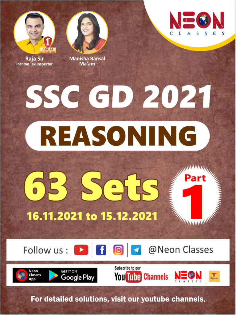 SSC GD 2021 Reasoning All 63 Sets Pyqs Part 01 Neon Classes | PDF