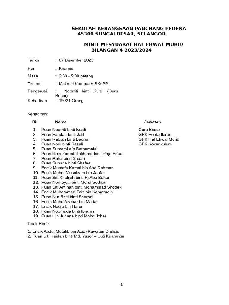 Minit Mesyuarat Pengurusan Hal Ehwal Murid Bil 4 2023 | PDF