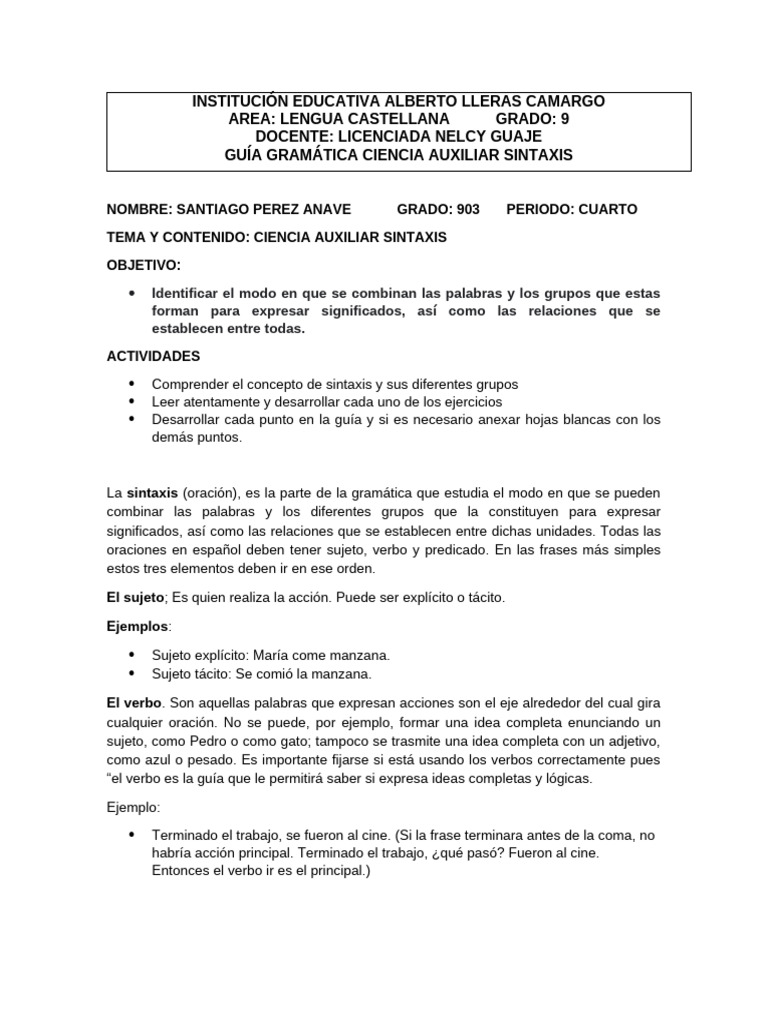 Guia Gramatica Sintaxis | PDF | Verbo | Predicado (Gramática)