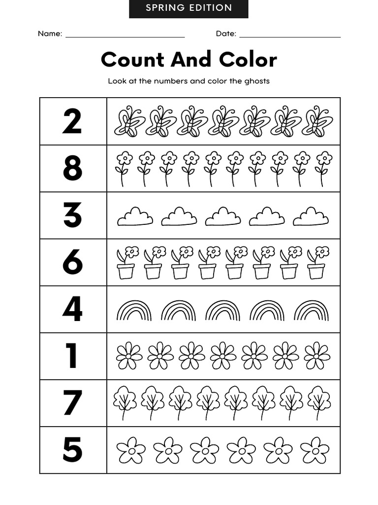 Spring Count and Color Math Worksheet in Monochromatic Minimalist Style ...