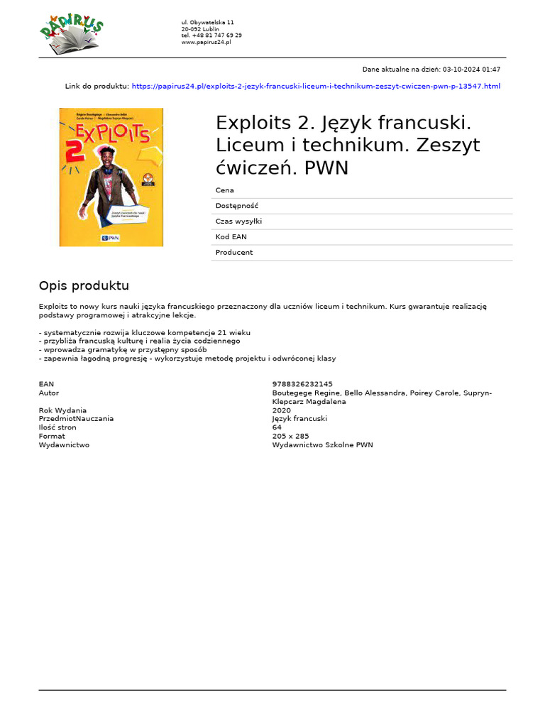 Exploits 2 Jezyk Francuski Liceum I Technikum Zeszyt Cwiczen PWN | PDF