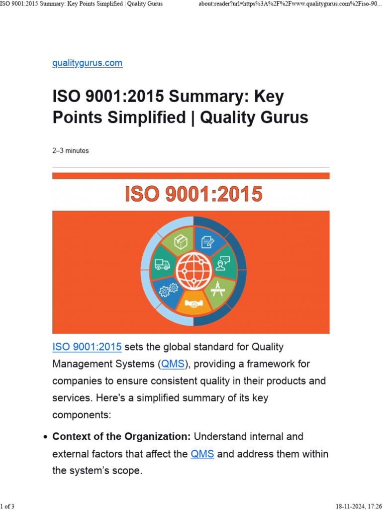 ISO 9001 - 2015 Summary - Key Points Simplified - Quality Gurus | PDF ...
