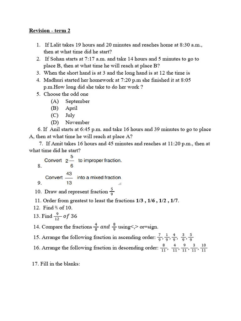 Class 4 Maths Term 2 Revision Worksheet | PDF
