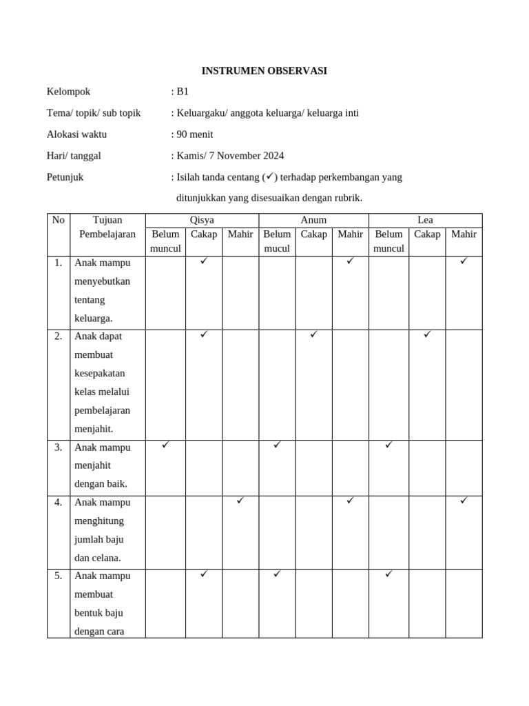 INSTRUMEN OBSERVASI Bu Erni | PDF