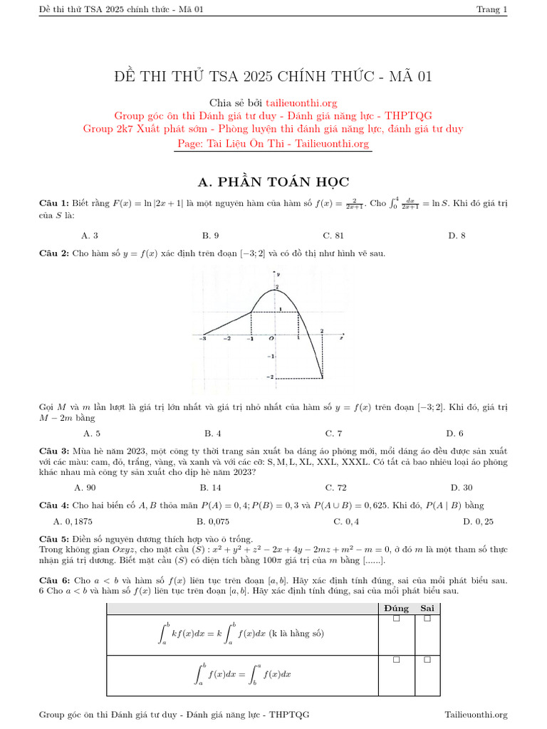 Đề Thi Thử Tsa 2025 Chính Thức Hust - Mã 01 | PDF