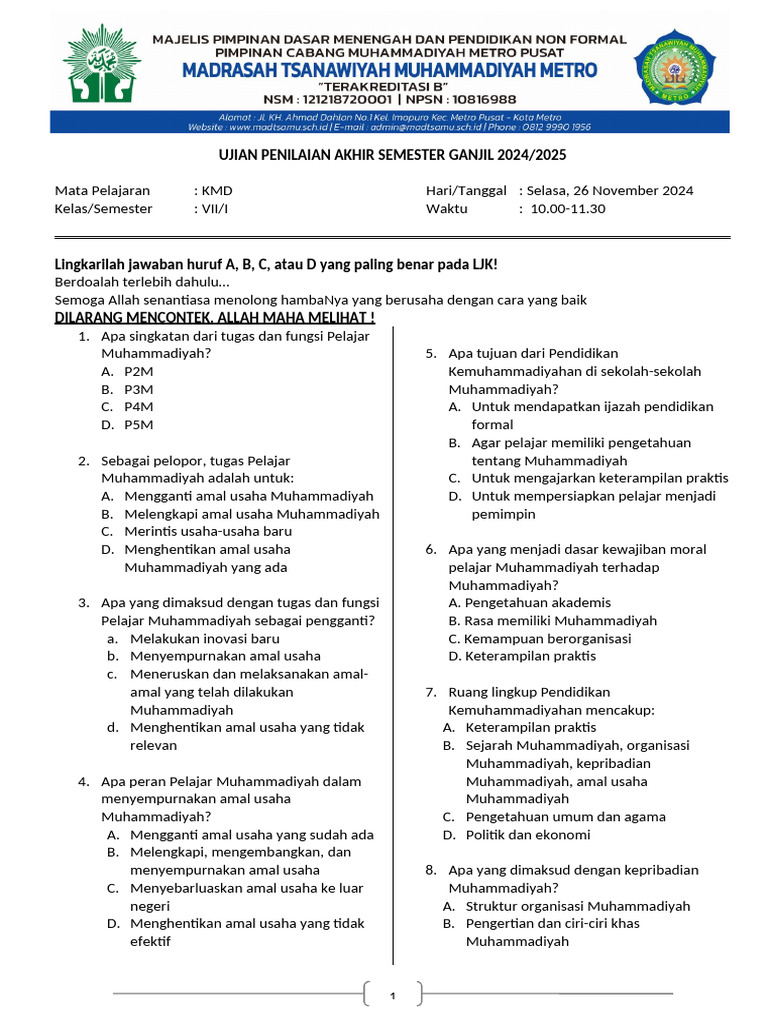 Soal KMD Pas Kelas 7 Semester 1 | PDF