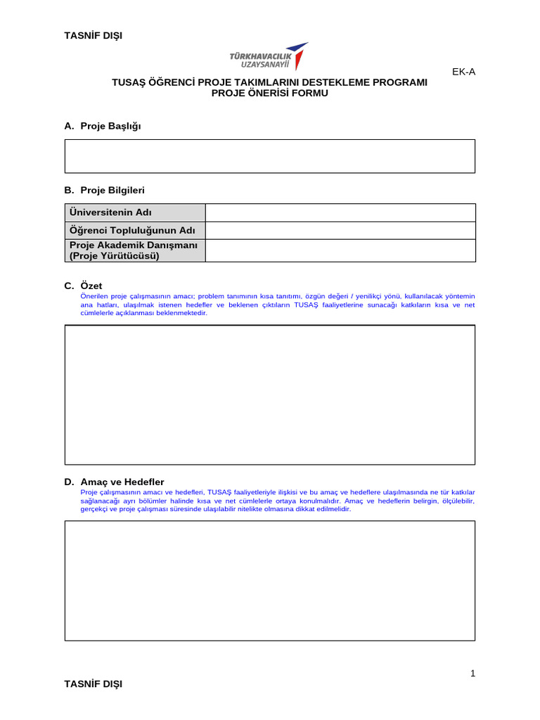 Tusas Ogrenci Proje Takimlarini Destekleme Programi Proje Oneri Formu Güncel | PDF