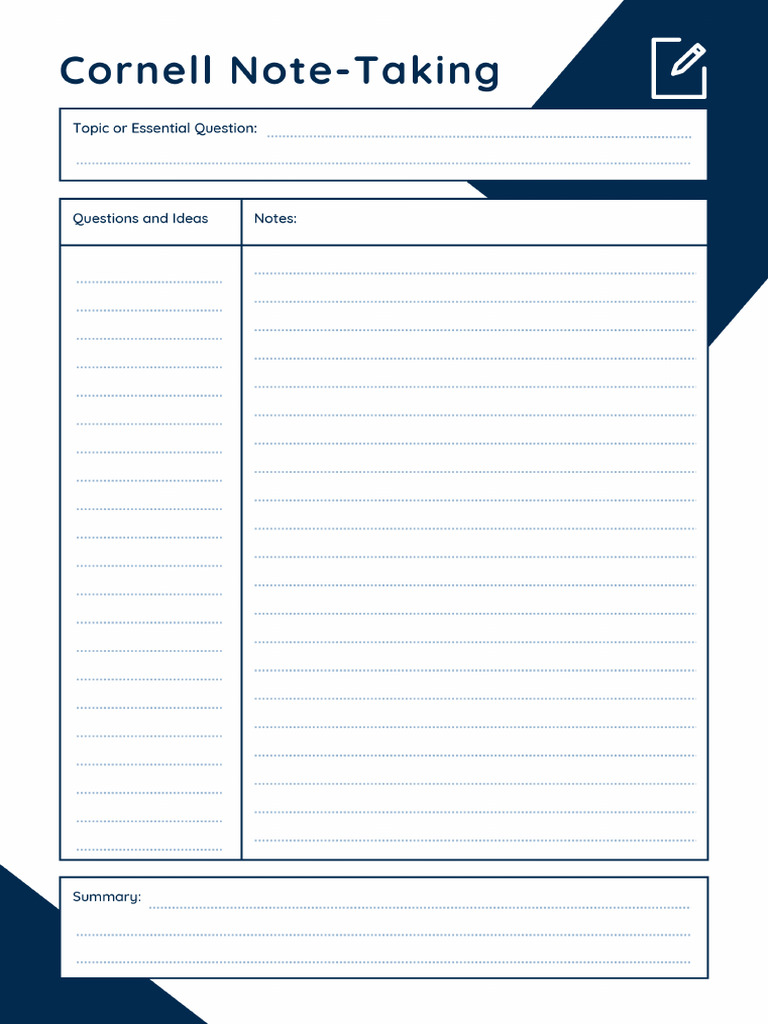 Navy White Simple English Cornell Note Taking Printable and Digital ...