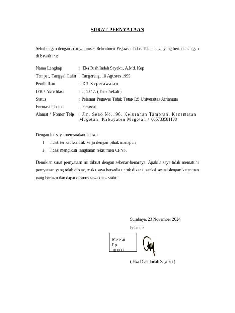 Surat - Pernyataan - PTT - 2024 Fix | PDF