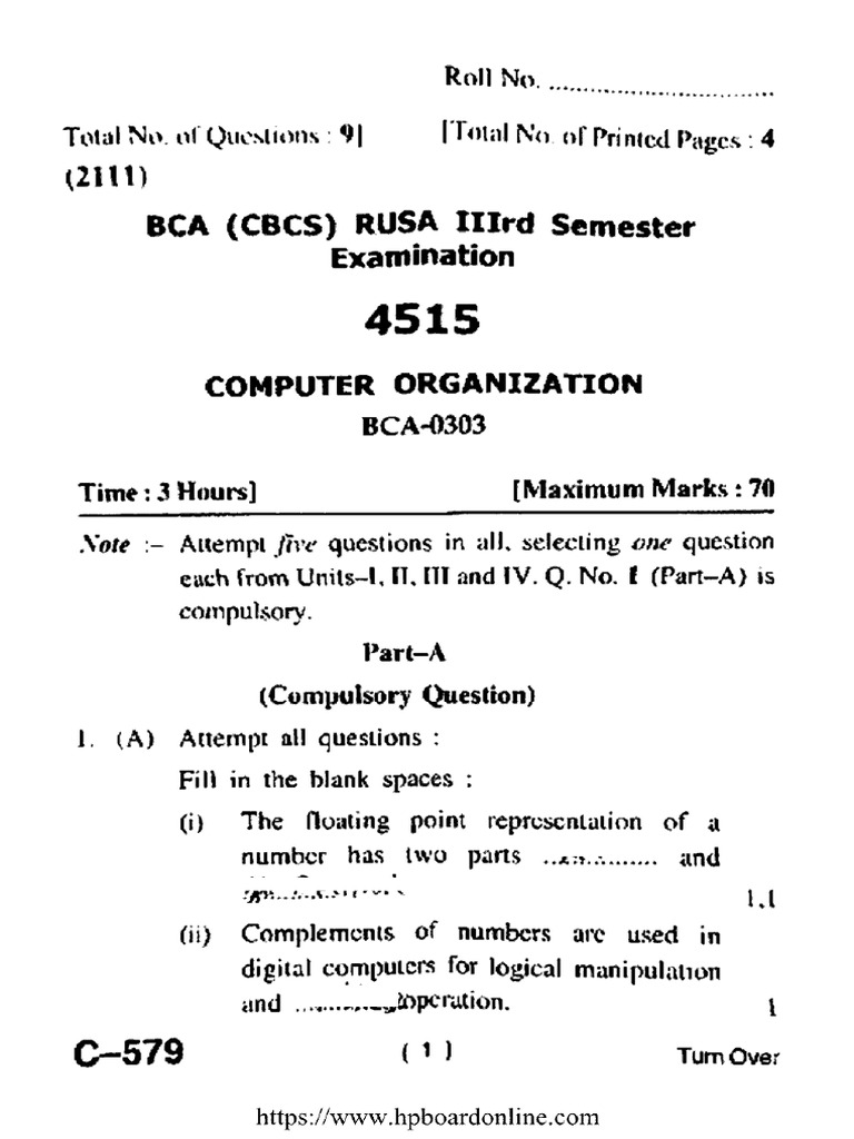 Hpu Ug Bca 3 Sem Computer Organization 4515 2021 | PDF