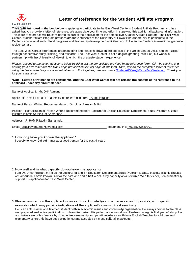 Student Affliate Program Letter of Reference Form | PDF | Career & Growth | Social Science