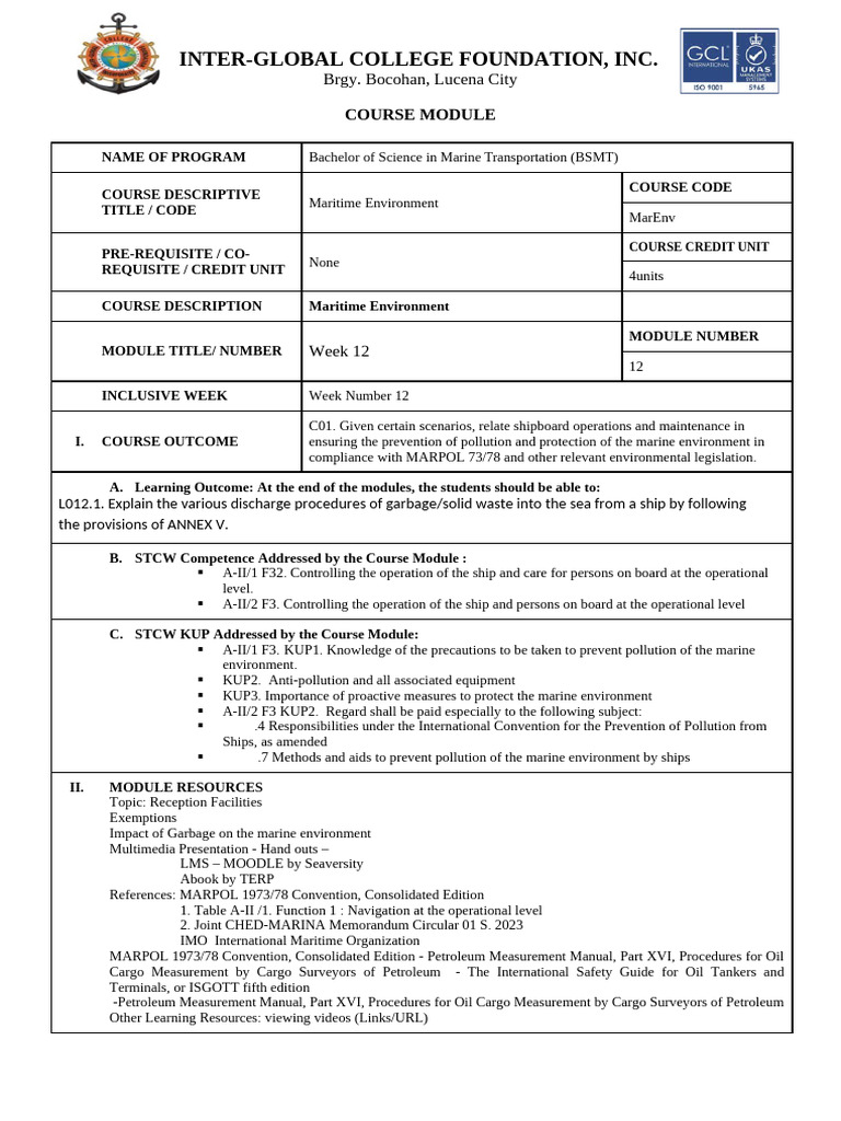 Mar Env MT Based Moduleweek 12a | PDF | Ships | Sea