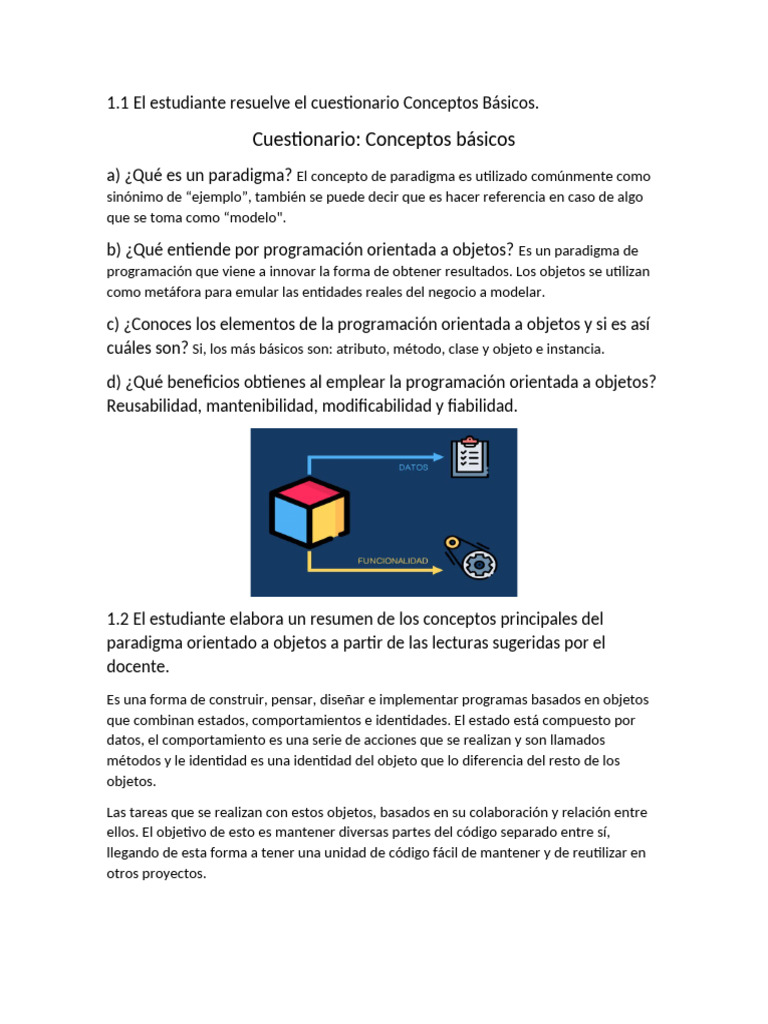 Cuestionario: Conceptos Básicos | PDF | Objeto (informática) | Programación orientada a objetos