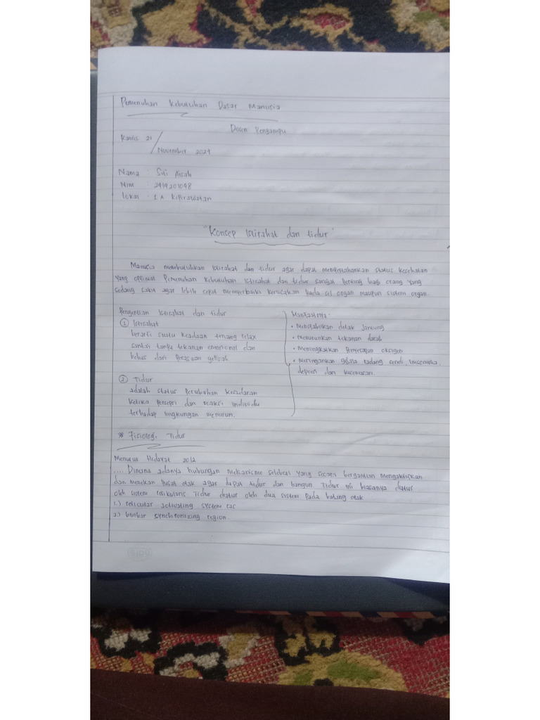 Siti Aisah 2414201048 1A Keperawatan Tugas Meringkas Konsep Istirahat Dan Tidur | PDF