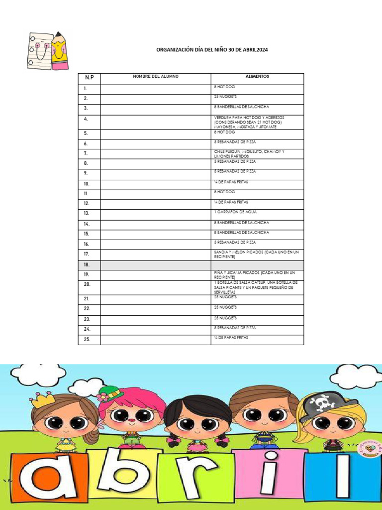 Organización Día del Niño 2024 | PDF | Pancho | Comida rápida