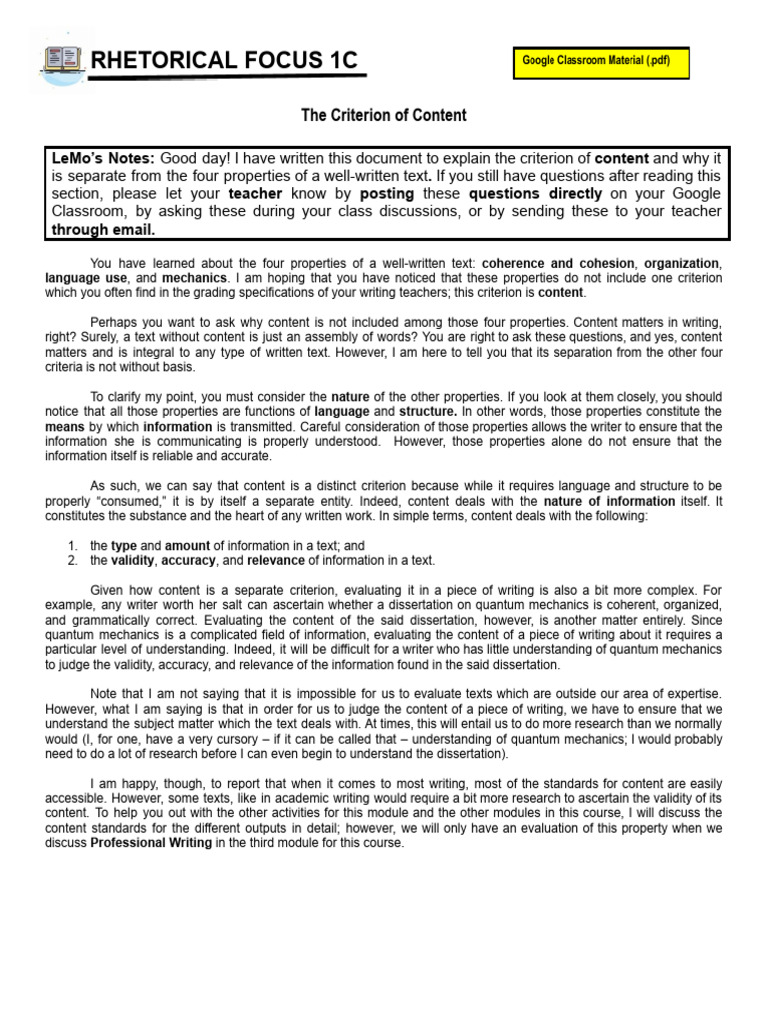 Rhetorical Focus 1C - The Criterion of Content | PDF | Information ...