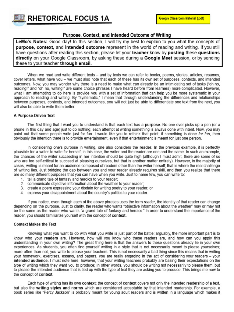 Rhetorical Focus 1A - Purpose, Context, and Intended Outcome of Writing ...