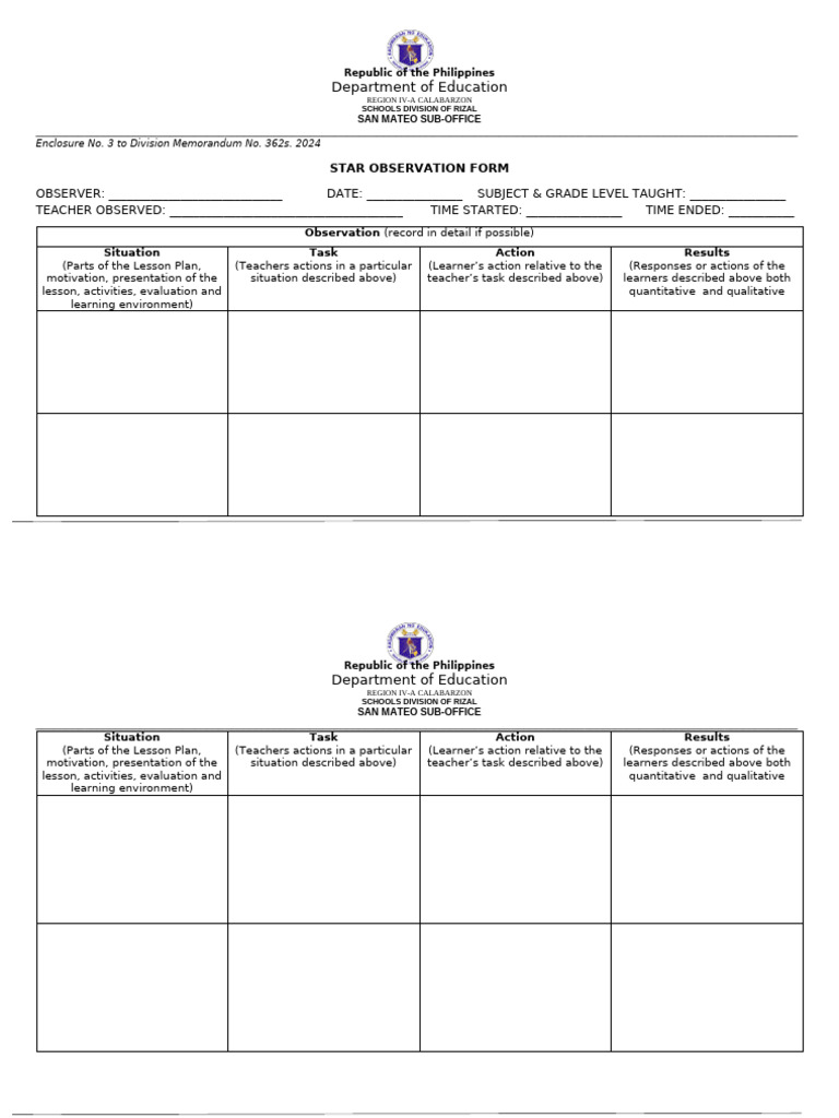 Star Observation Form Demofest2024 | PDF | Teachers | Lesson Plan