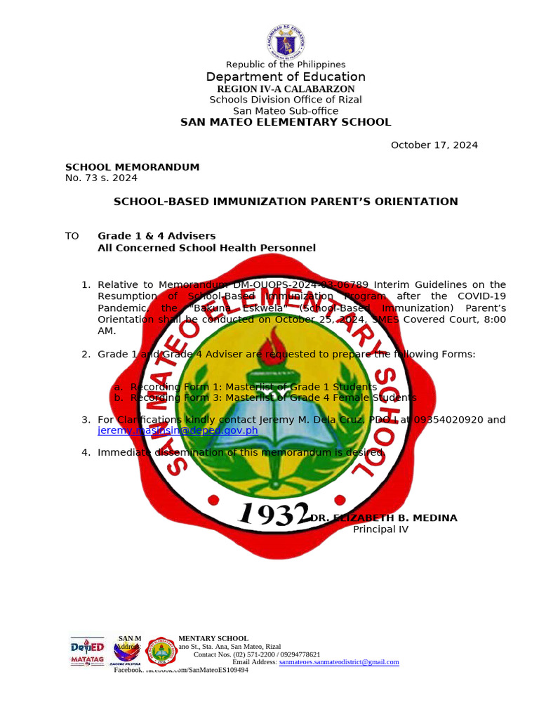 School-Based Immunization Orientation 2024 | PDF
