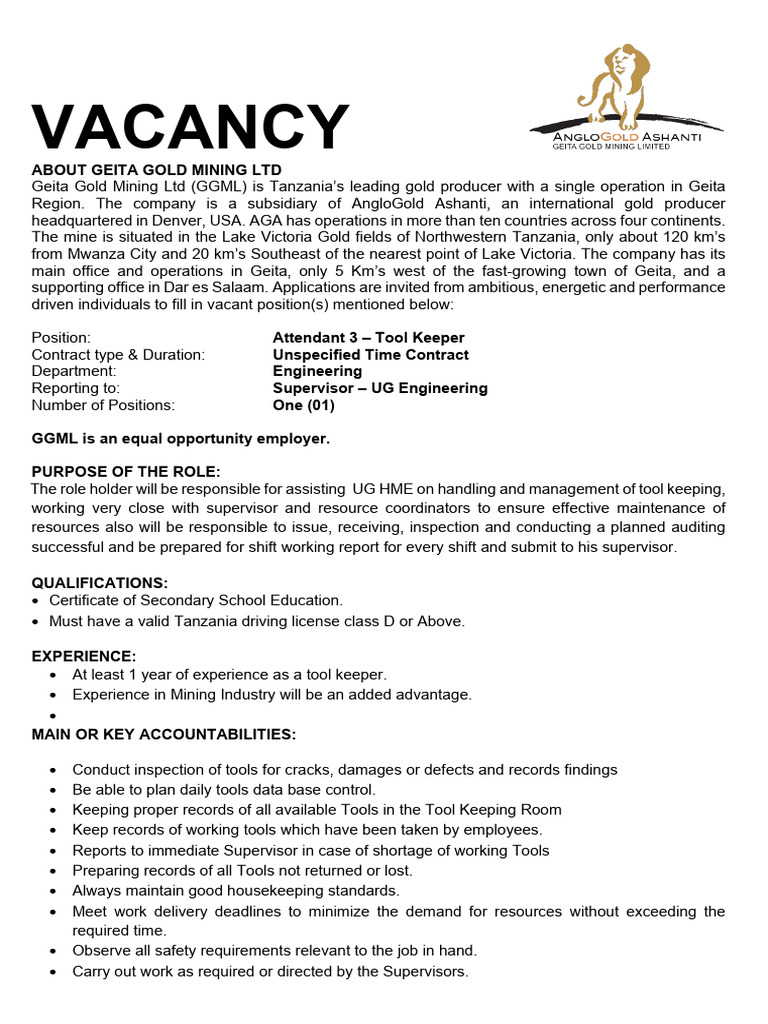 Advert - Attendant 3 - Tool Keeper - November - 2024 | PDF | Business