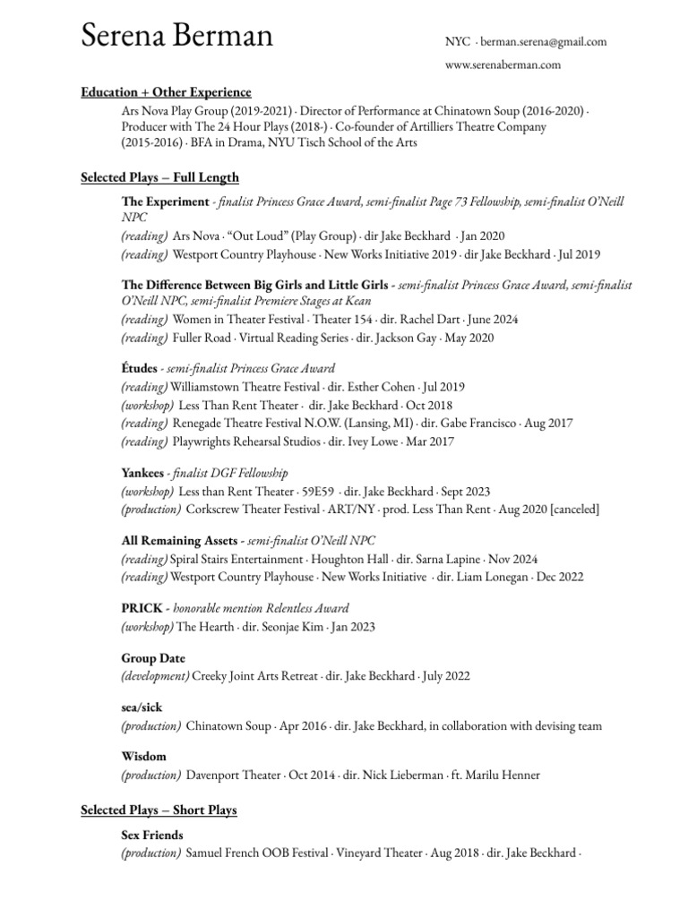 Serena Berman PW Resume 2024 | PDF | Poetry | Classics