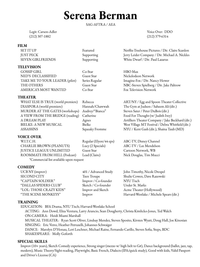 Serena Berman: Acting Resume Overview | PDF