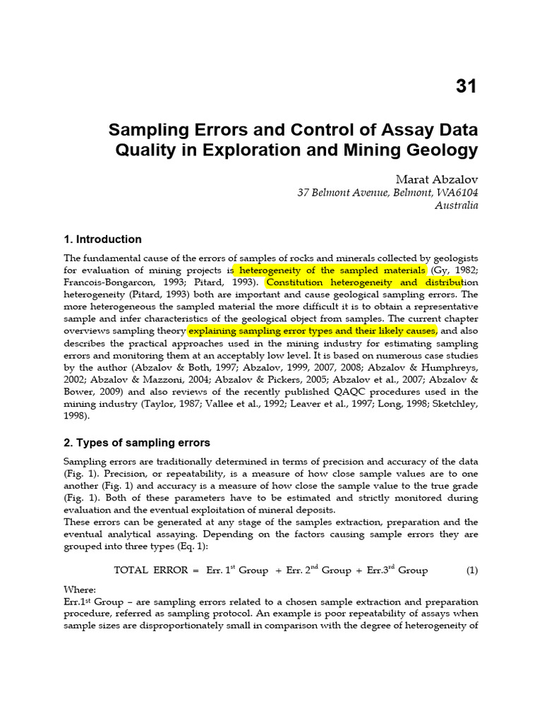 Sampling Errors in Mining Geology | PDF | Errors And Residuals | Accuracy And Precision