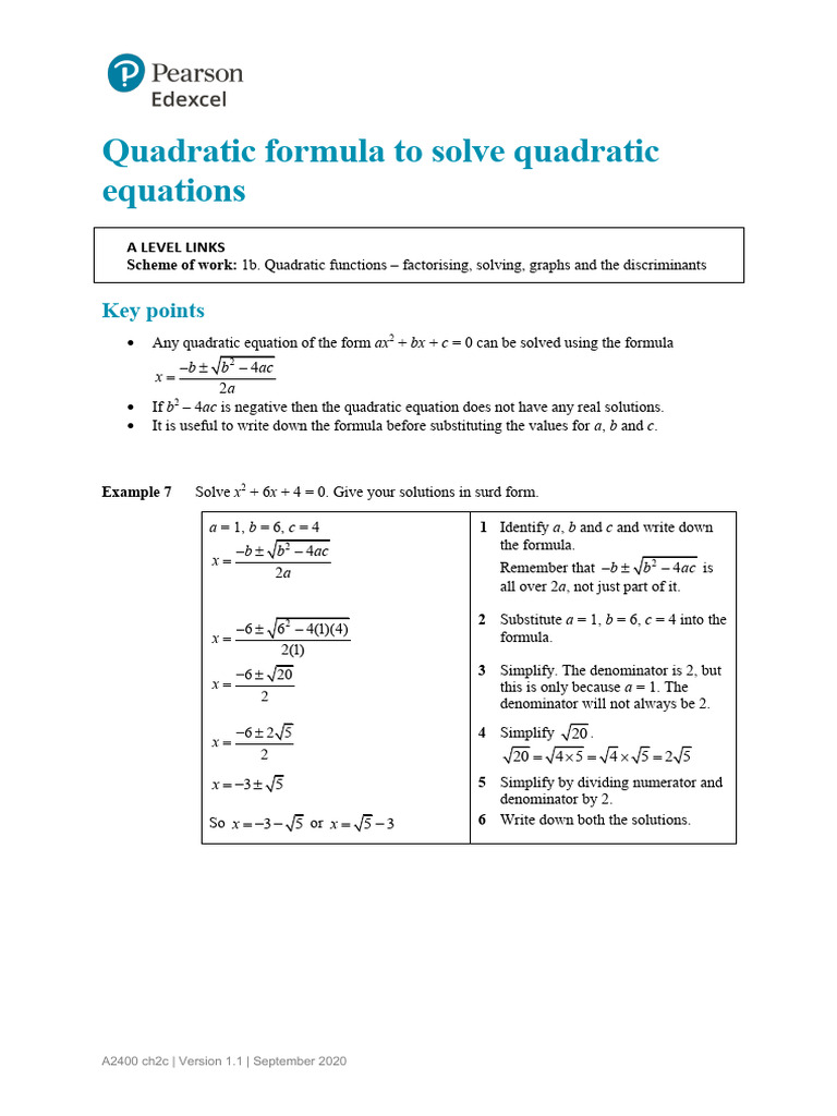 Example 3 Chapter 2 Quadratic Formula To Solve Quadratic Equations | PDF | Quadratic Equation ...