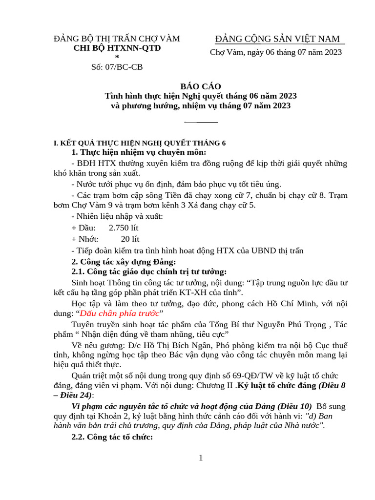 Bao Cao Hop Chi Bo Thang 6-2023 | PDF