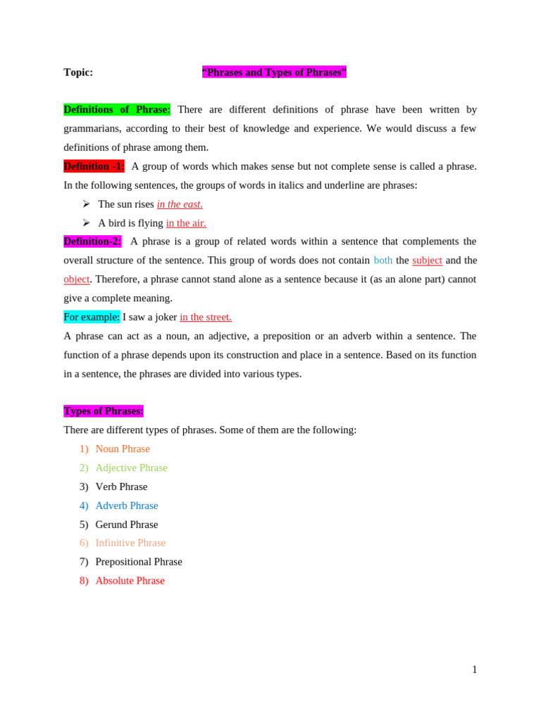 Types of Phrases Explained | PDF | Verb | Noun