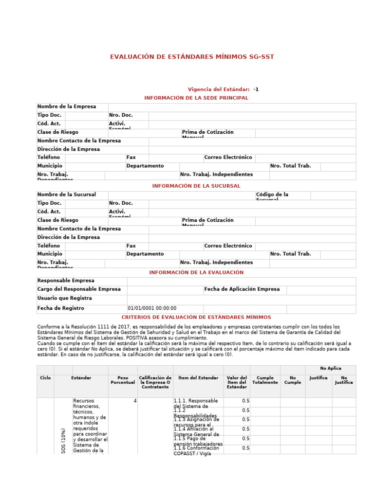 Evaluación de Estándares Mínimos SG-SST | PDF