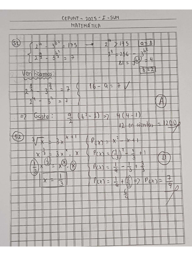 Solucionario Matemática Área A - Cepunt 2025 - I Sum | PDF