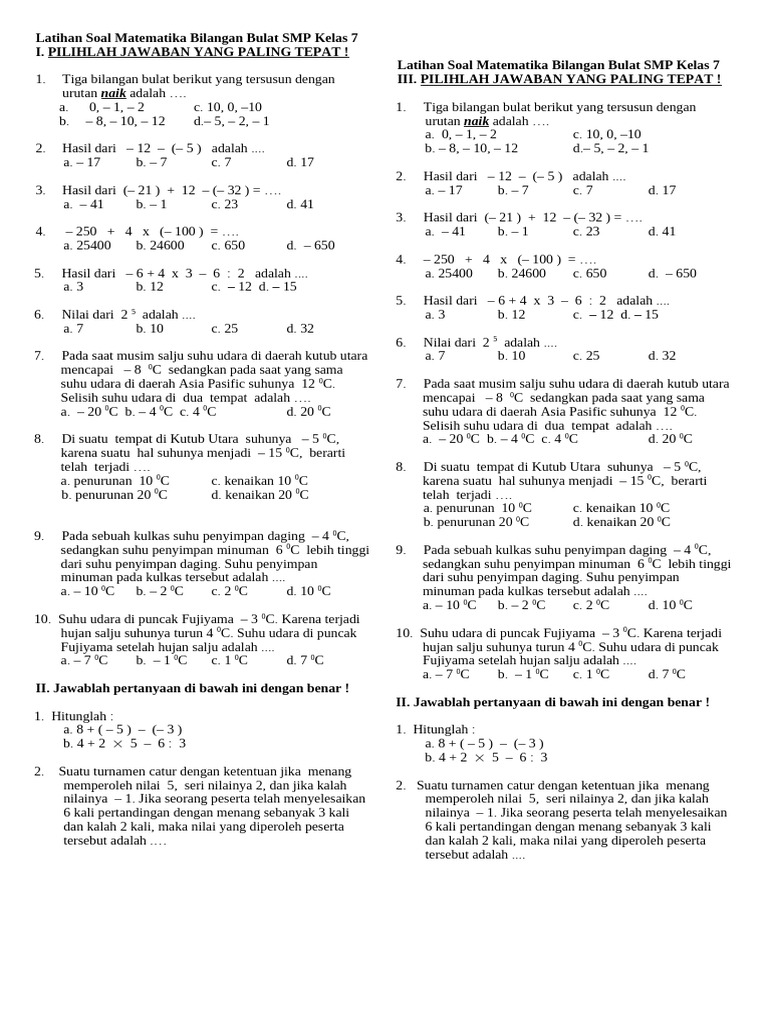 Latihan Soal Matematika Bilangan Bulat SMP Kelas 7 | PDF