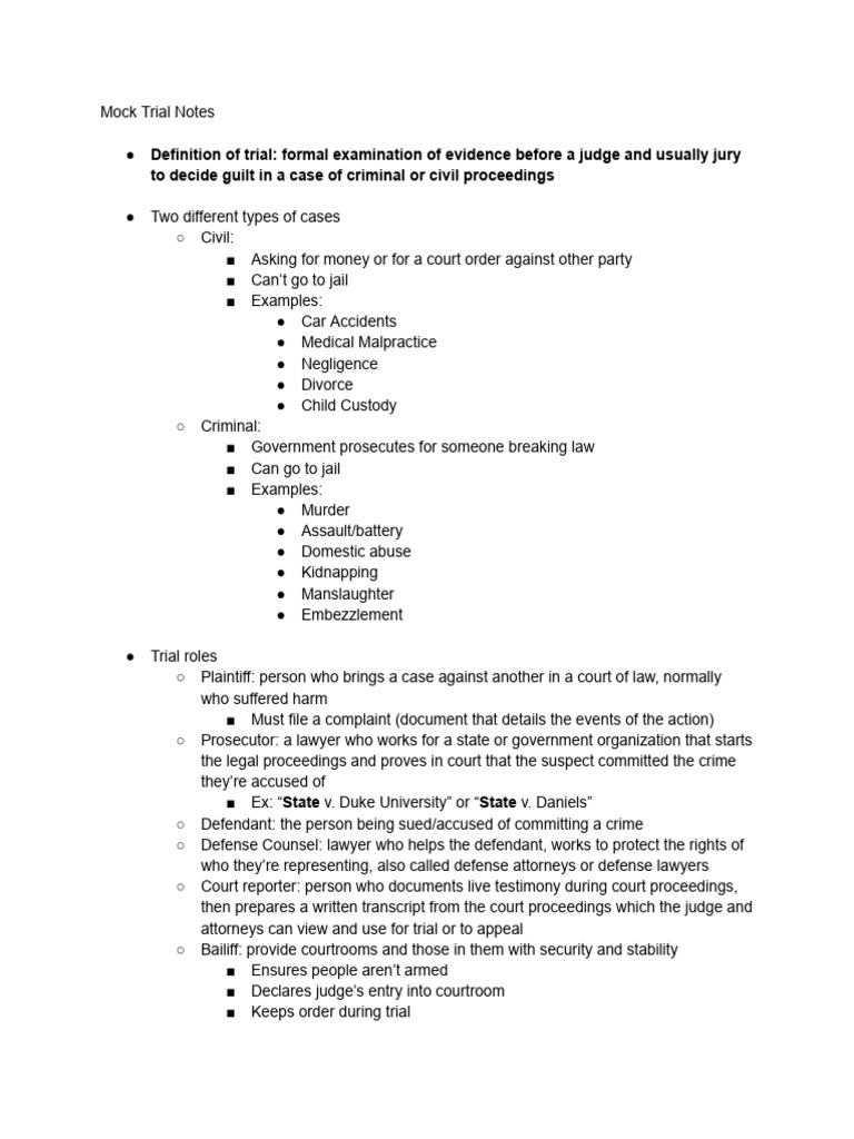 Mock Trial Notes | PDF | Witness | Trials