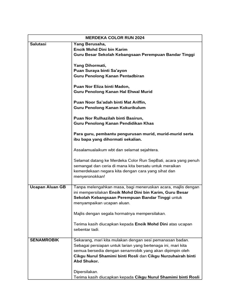 Teks Emcee Merdeka Color Run | PDF