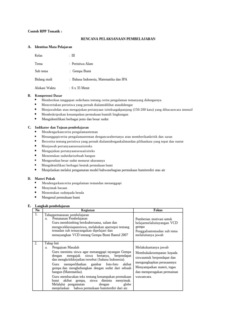 Contoh RPP Tematik Di SD Kelas Rendah | PDF | Seni & Disiplin Bahasa