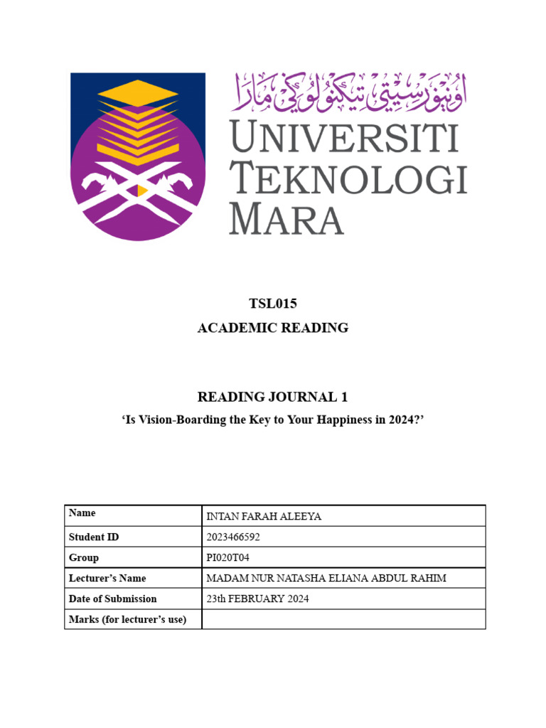 TSL015 Academic Reading Journal 1 | PDF | Goal | Cognitive Psychology