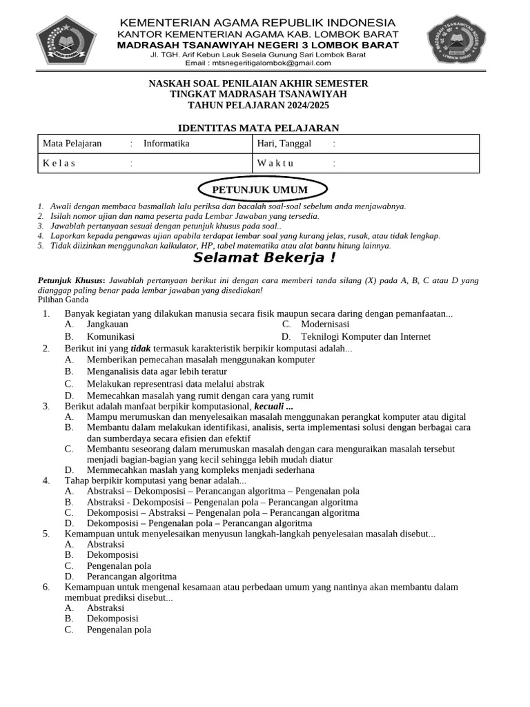 Format Soal PAS Informatika Kelas 7 | PDF