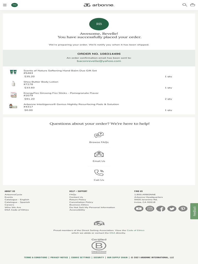 Order Confirmation Arbonne | PDF | Multi Level Marketing