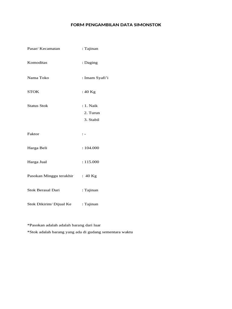 Form - Simonstok Pasar Tajinan | PDF