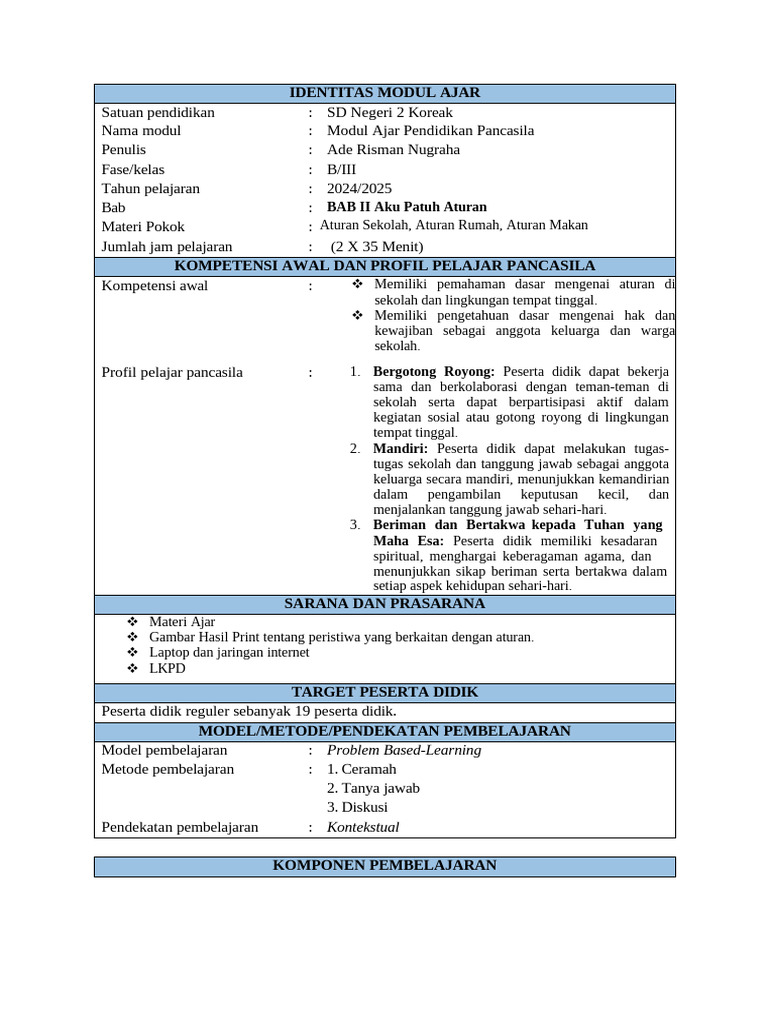 Fix KELAS 3 - MODUL AJAR Pendidikan Pancasila - Aku Patuh Aturan | PDF | Karier & Perkembangan
