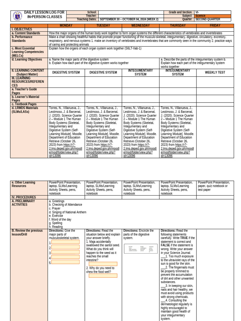 Q2 - Science - DLL - Week 2 | PDF | Skin | Epidermis