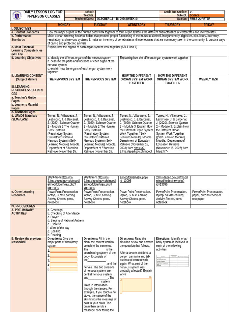 Q2_SCIENCE_DLL_WEEK 4 | PDF | Motor Neuron | Neuron