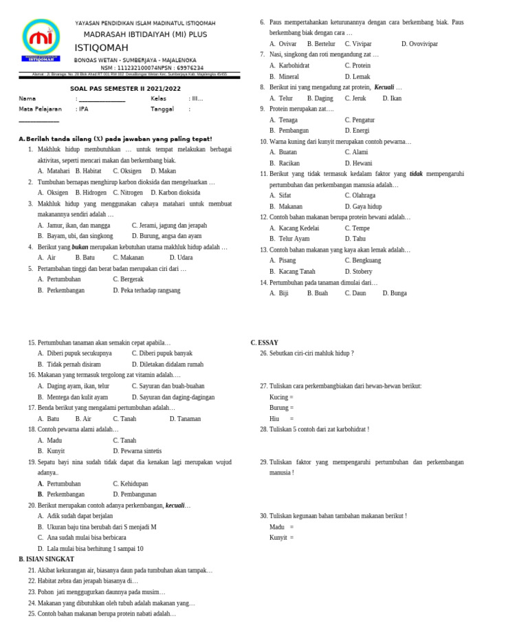 Pas Ipa Kelas 3 SMT 2 2021-2022 | PDF