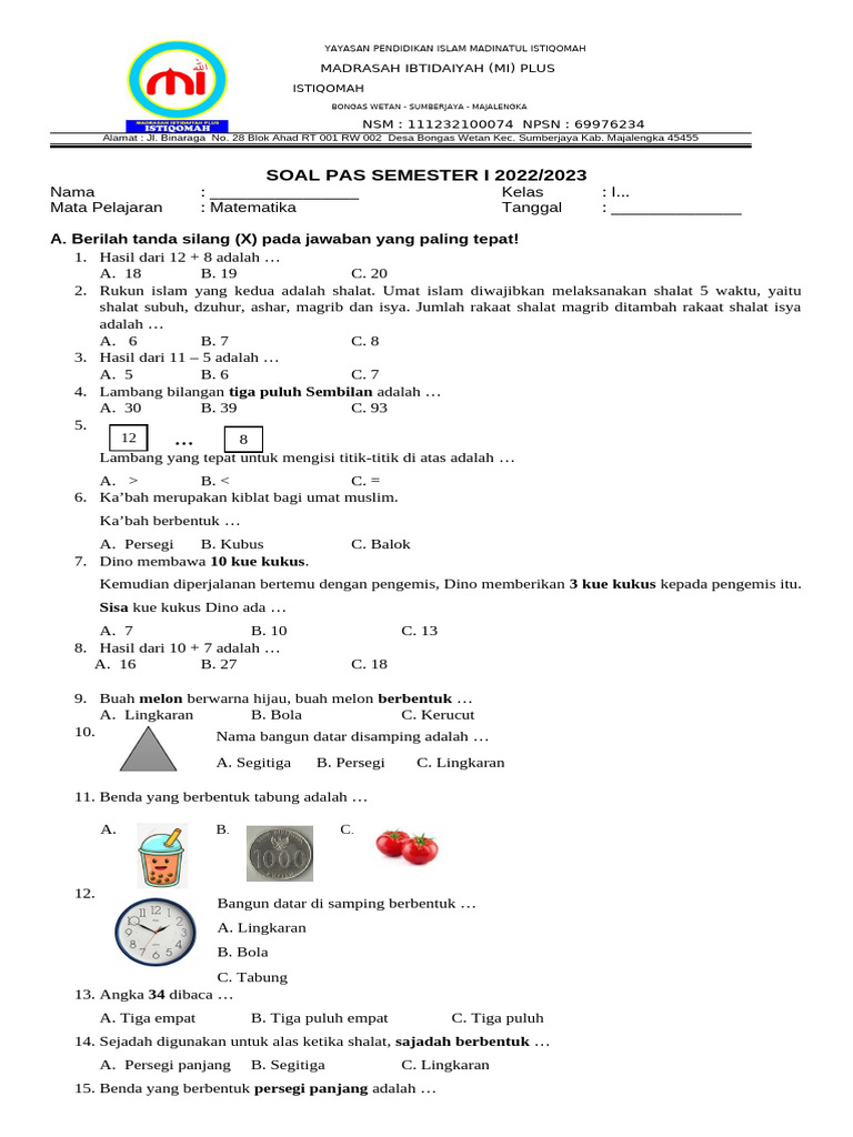 Pas MTK Kelas 1 SMT 1 - 2022-2023 | PDF