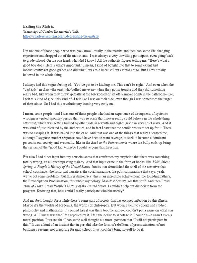 Transcript Exiting The Matrix | PDF